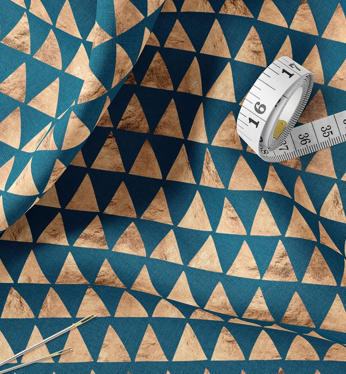 Gold Foil Triangle Teal Fabric - mayafabrics.com