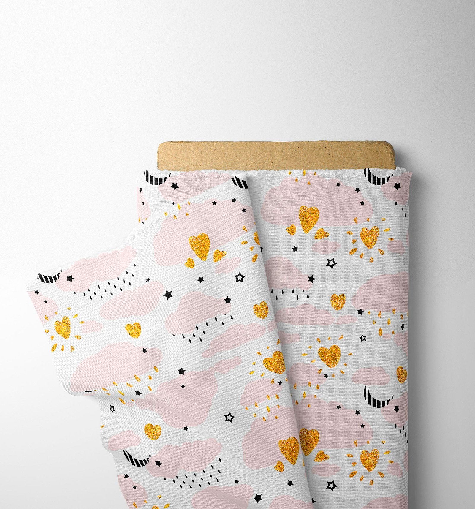 Pink Clouds & Gold Hearts Fabric - mayafabrics.com