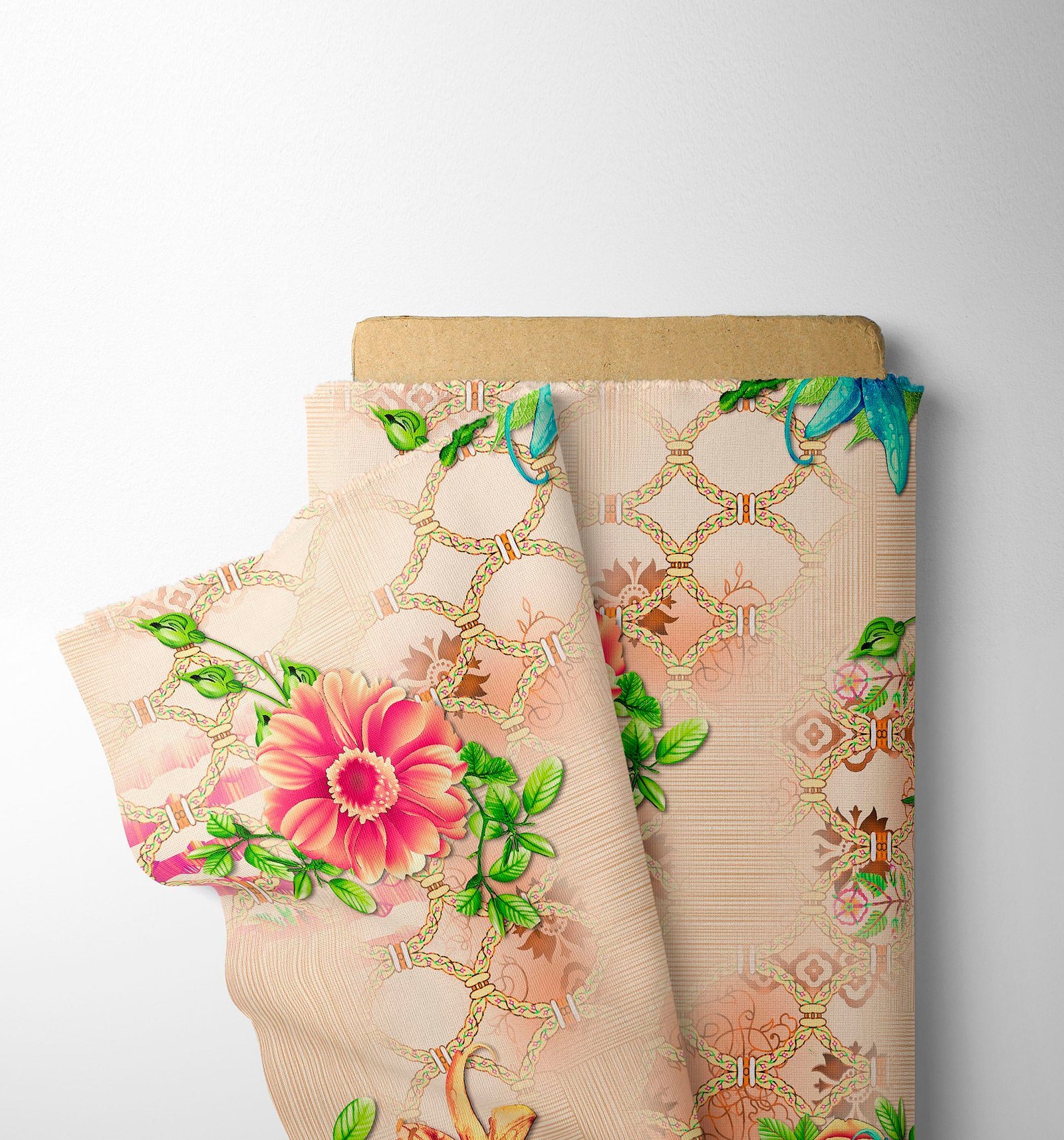 Peach Floral Chain Print Silk Fabric - mayafabrics.com